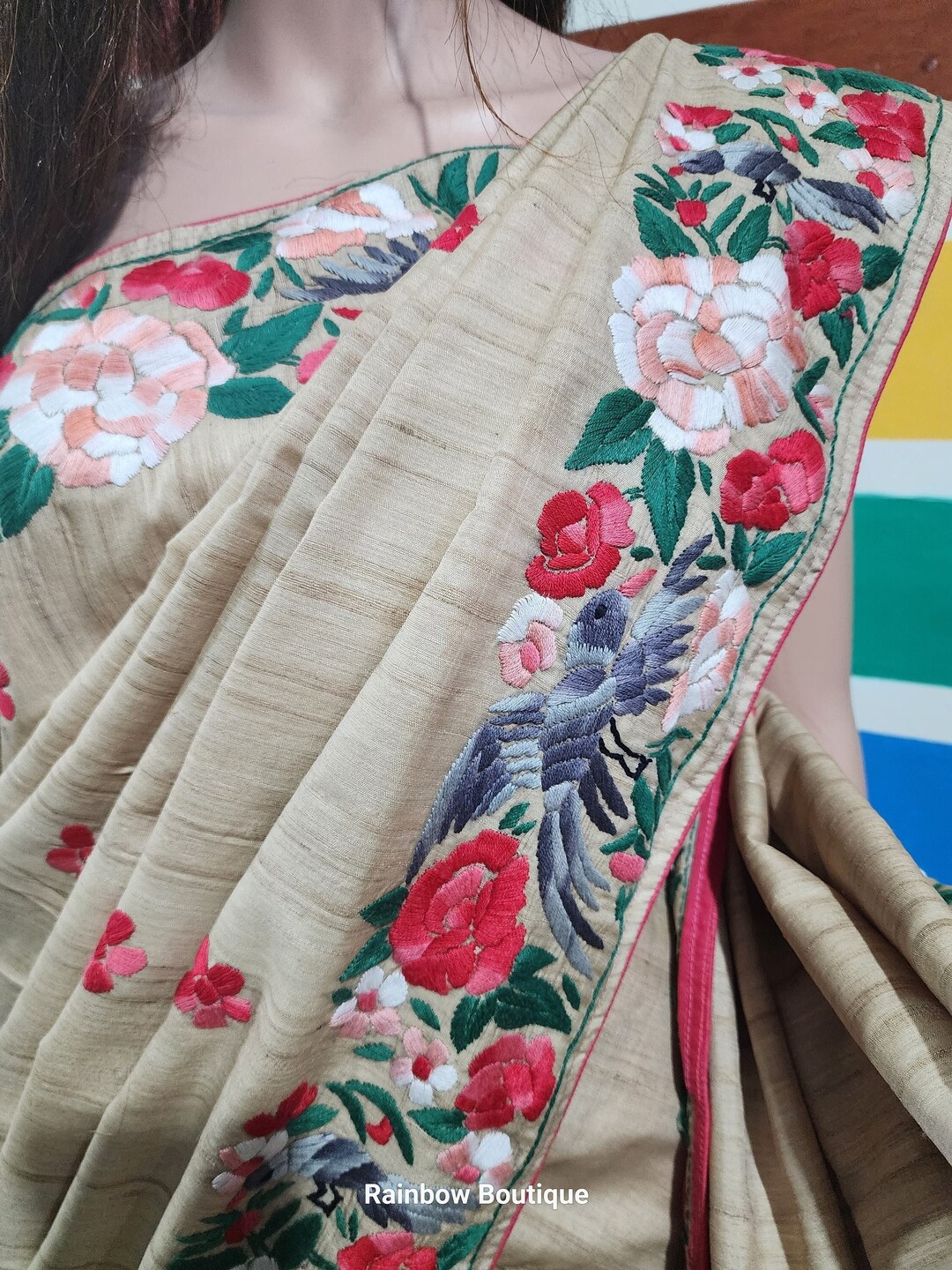 Hand Embroidered Parsi Gara Tussar Silk Saree: Floral Bird Motif - Etsy
