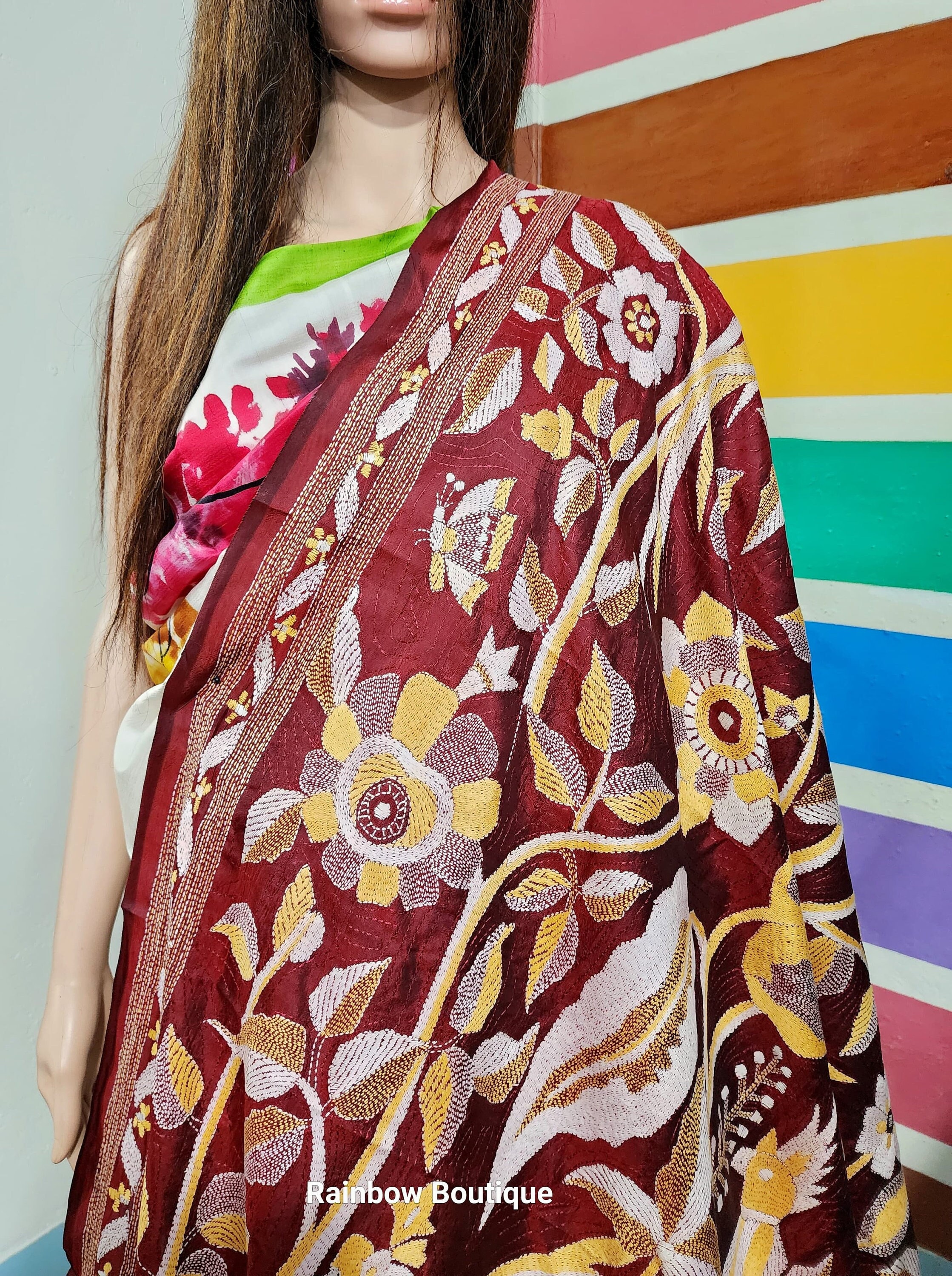 Parrot Motif Kantha Hand Embroidery Dupatta on Pure Silk, Exclusive ...