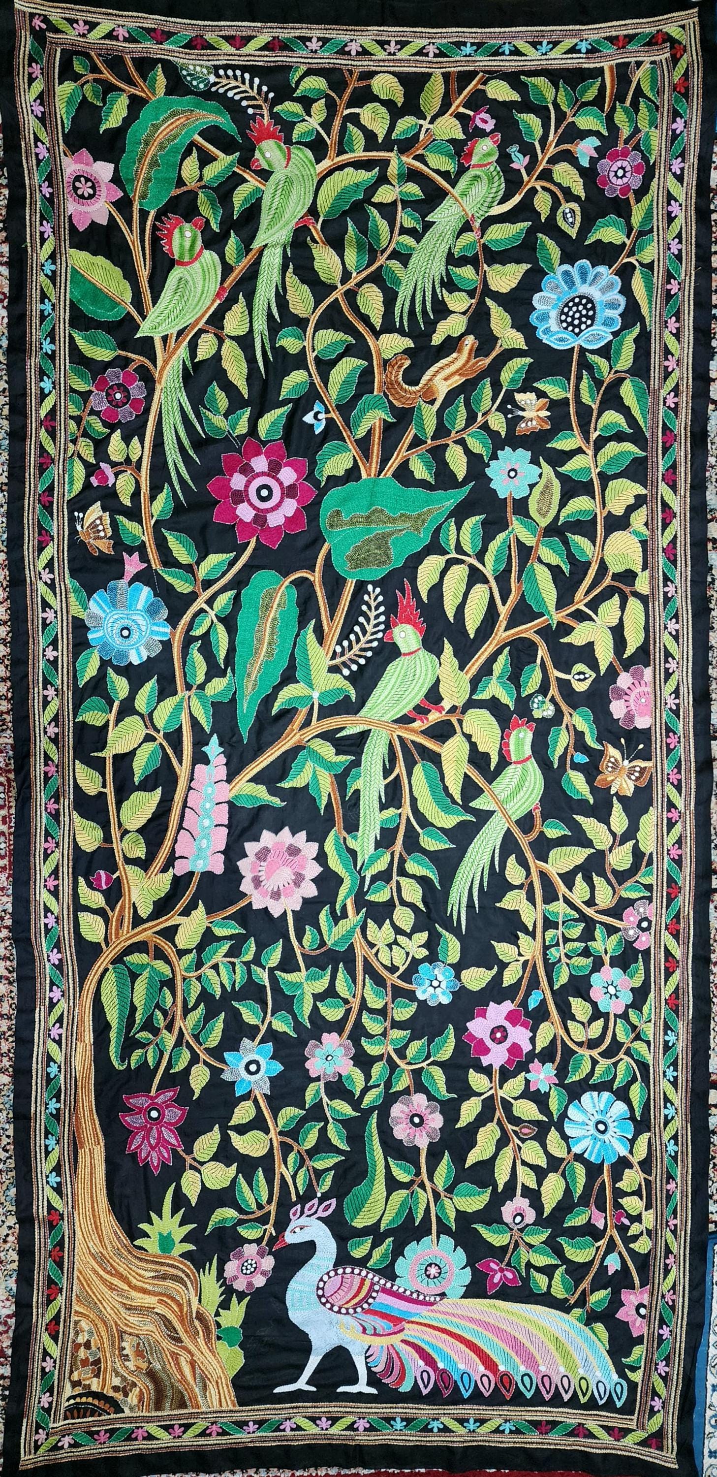 Peacock Tree of Life Dupatta: Hand Embroidered Silk Kantha Scarf - Etsy