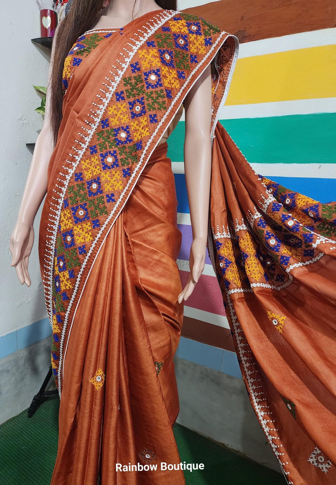 Gujarati Stitch on Shaded Pure Tussar Silk Sarees, Pure Gacchi Tussar ...