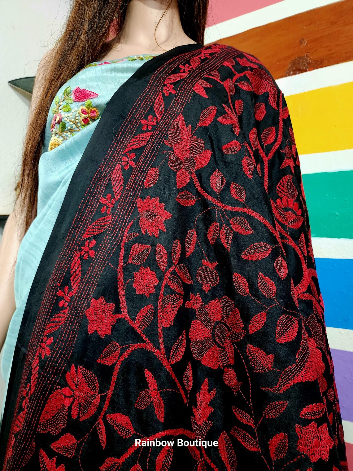 Tree of Life Kantha Hand Embroidery Dupatta on Pure Silk, Exclusive ...