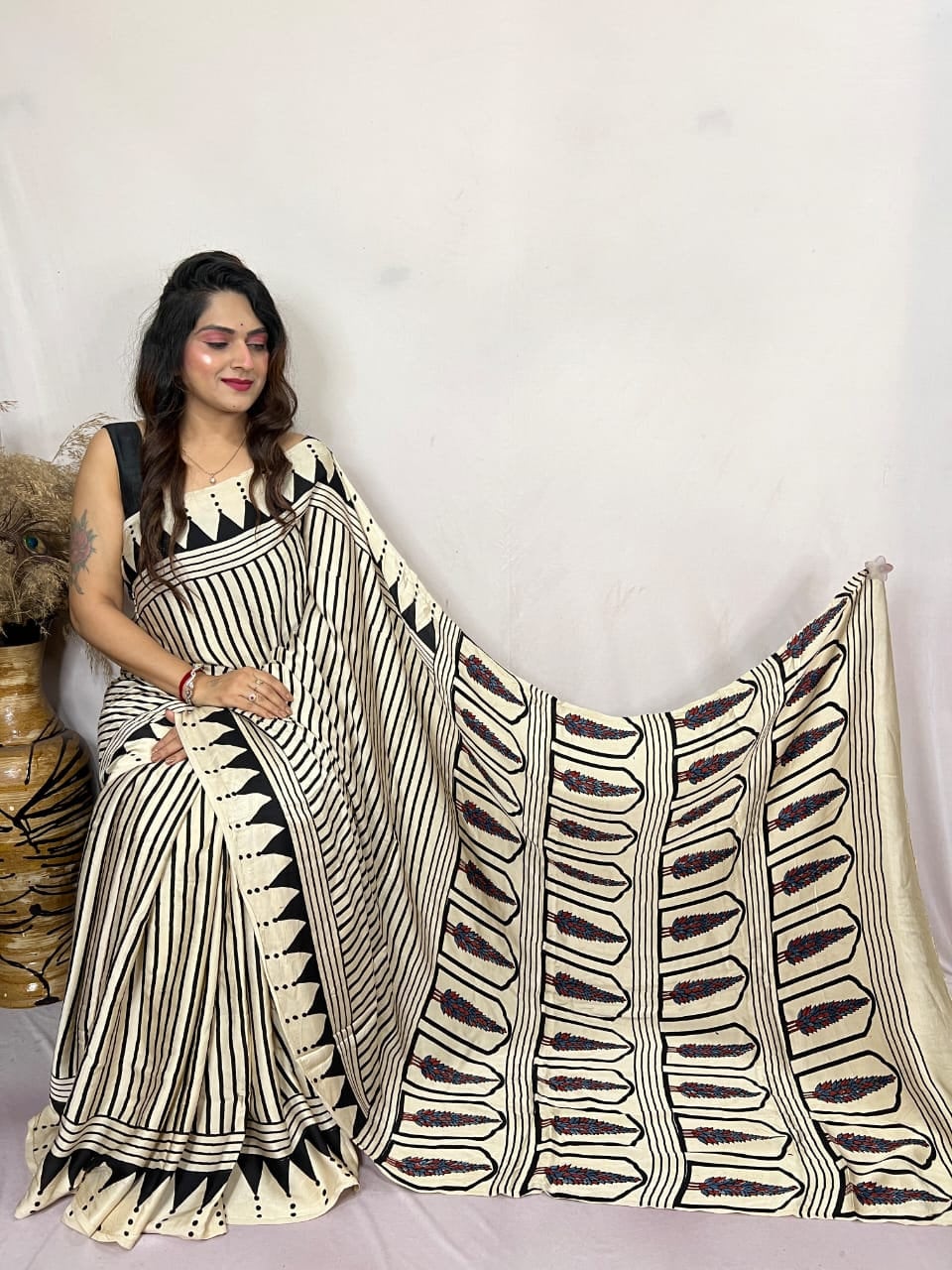 Designer Ajrakh Hand Block Modal Silk Saree, Ajrak Hand Block Printed ...