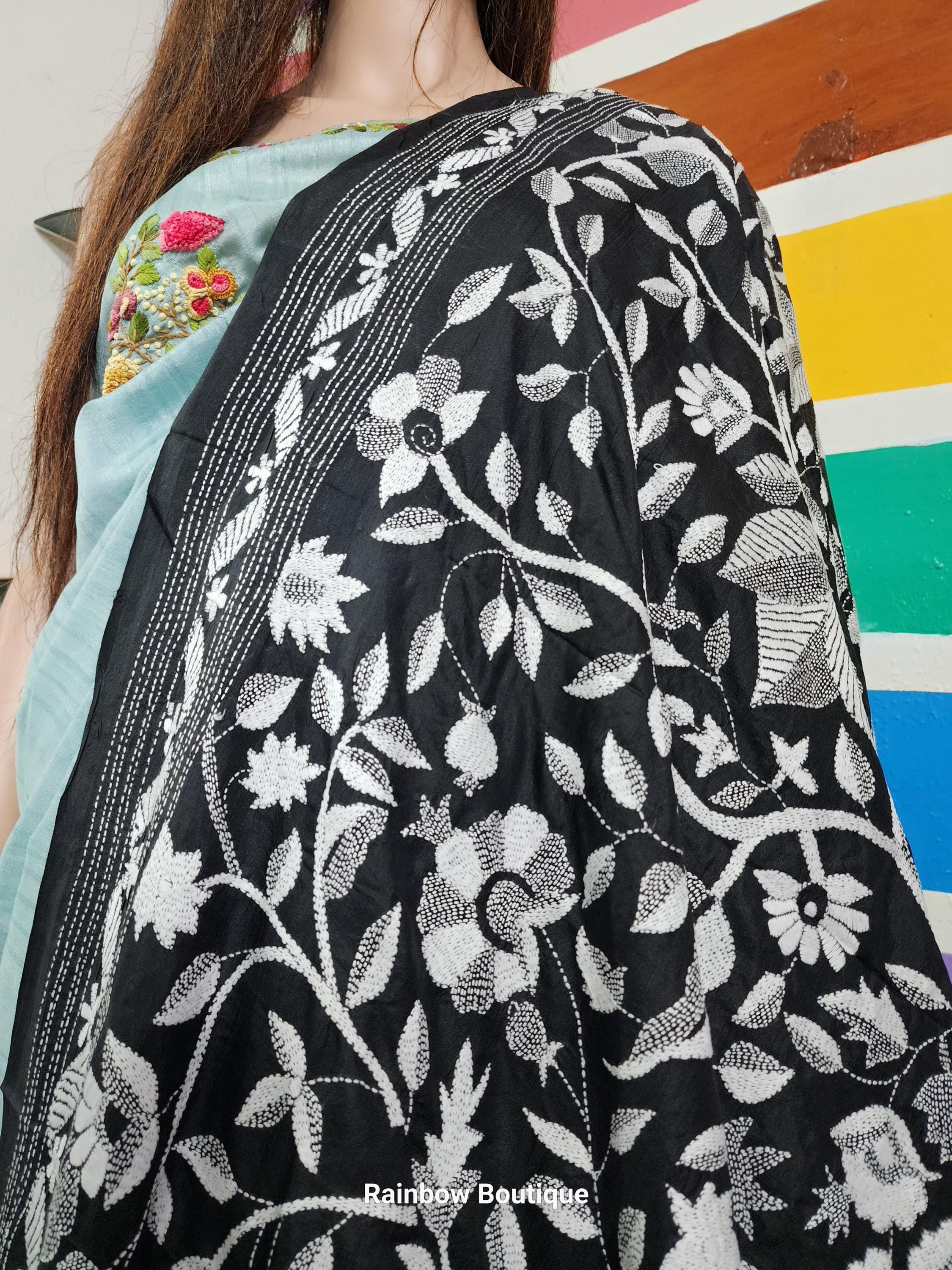 Tree of Life Kantha Hand Embroidery Dupatta on Pure Silk, Exclusive ...