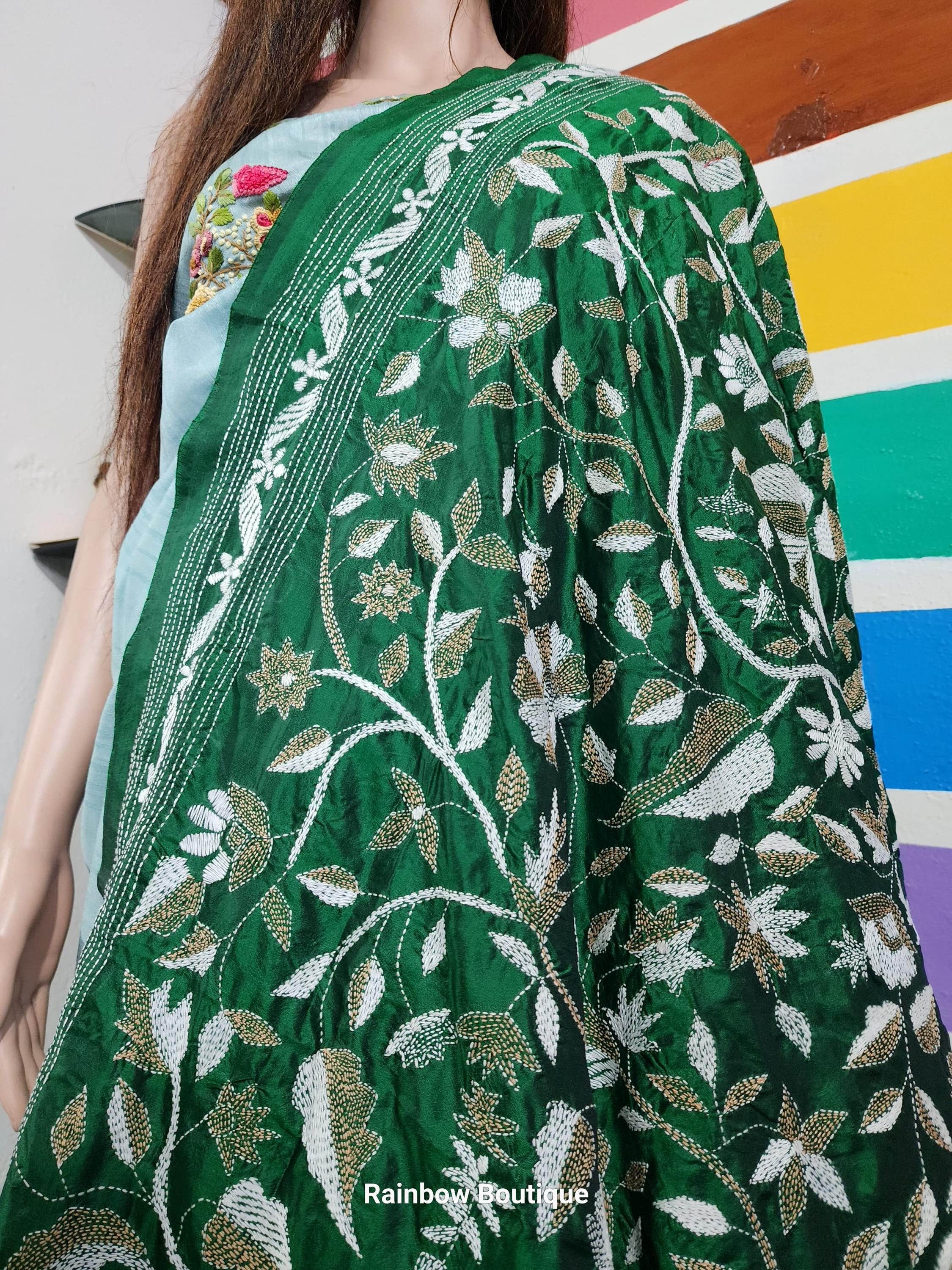 Tree of Life Kantha Hand Embroidery Dupatta on Pure Silk, Exclusive ...