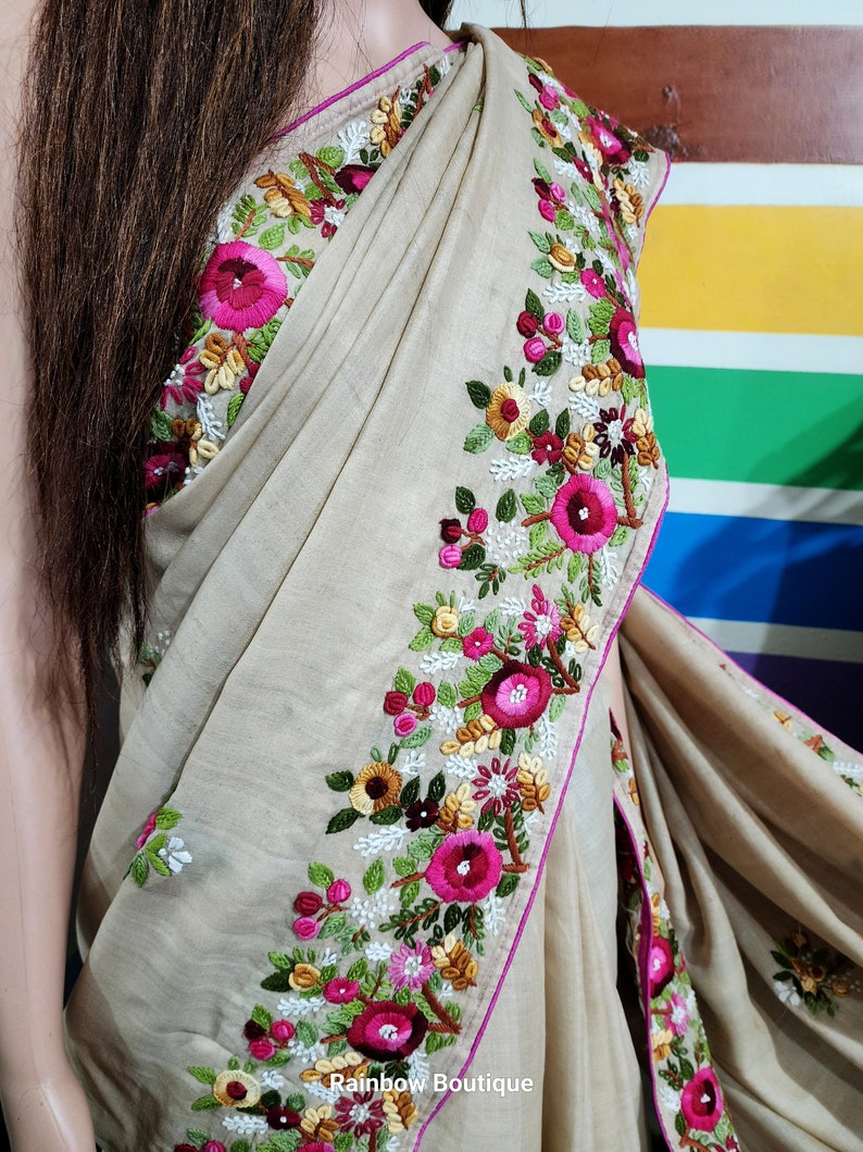 Parsi With Bullion Knot Stitch Sarees for Women, Tussar Silk Saree ...