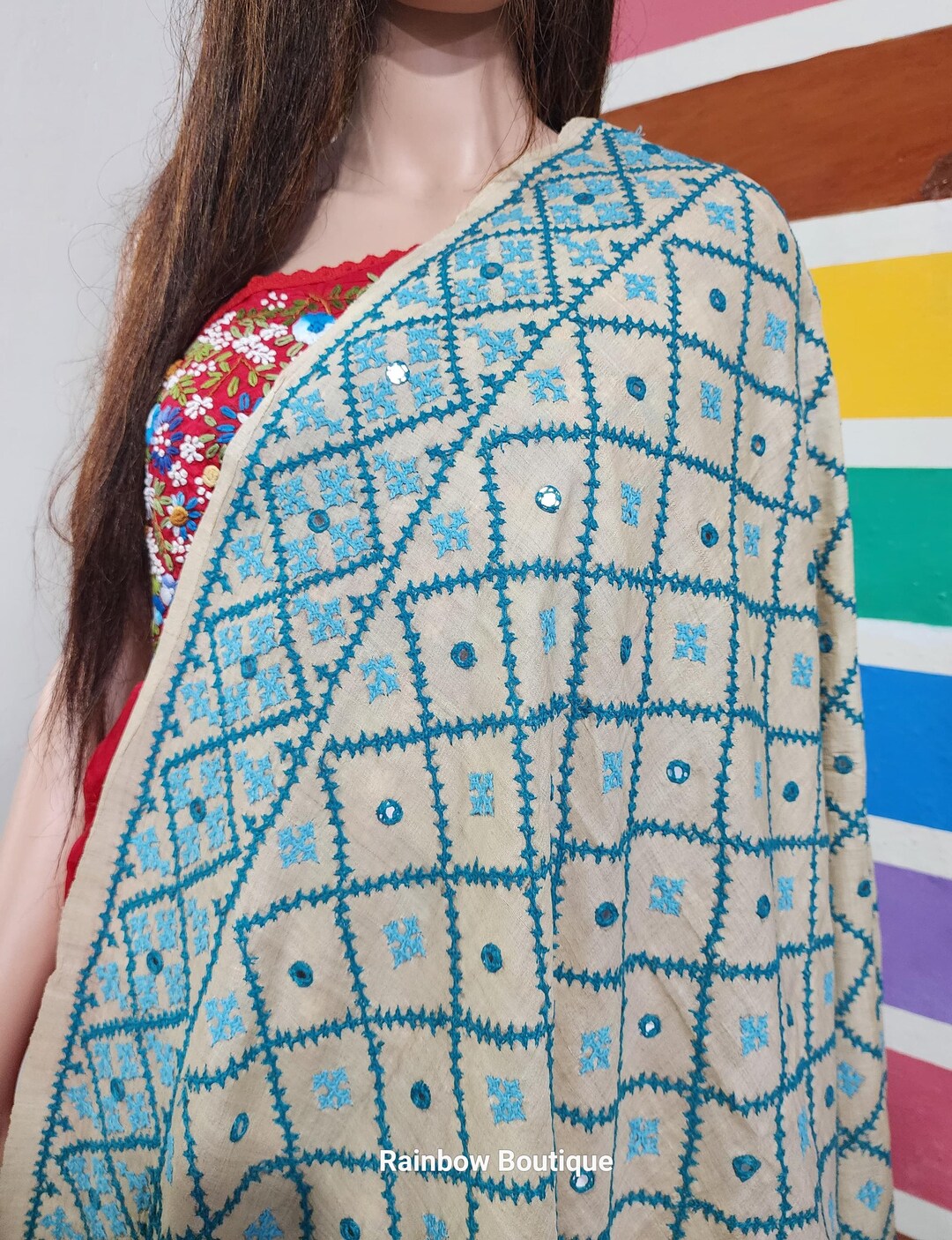 Hand Embroidered Tussar Silk Dupatta: Gujarati Mirror Work - Etsy