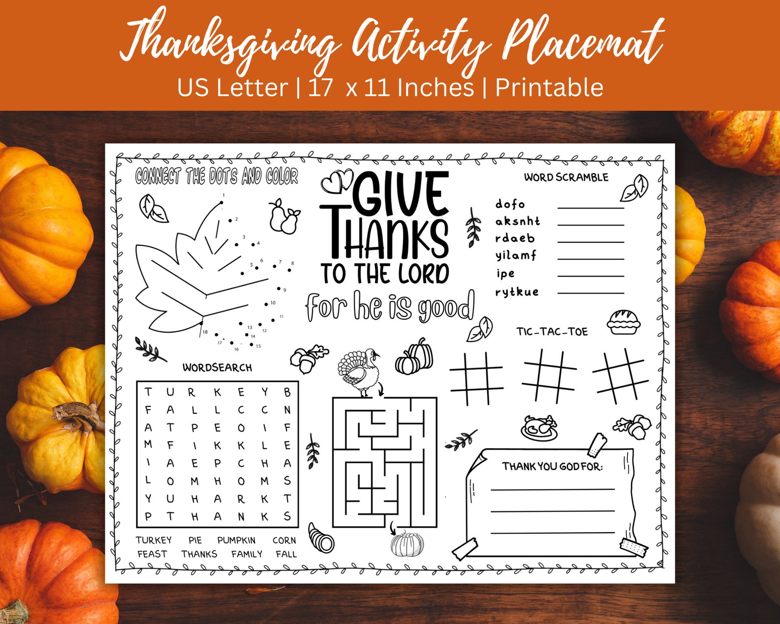 Thanksgiving Activity Mat for Kids, Thanksgiving Coloring Page ...