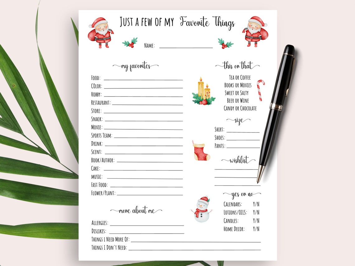 A Few of My Favorite Things Questionnaire, Christmas Edition, Printable ...