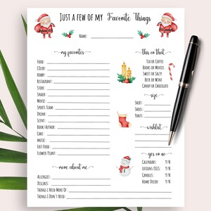 A Few of My Favorite Things Questionnaire, Christmas Edition, Printable ...