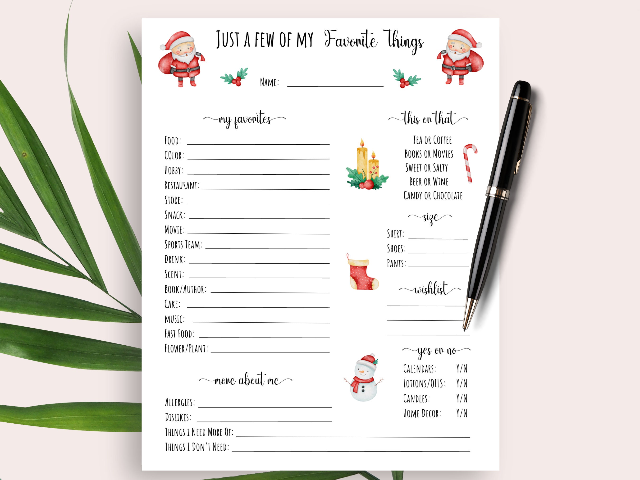 A Few of My Favorite Things Questionnaire, Christmas Edition, Printable ...