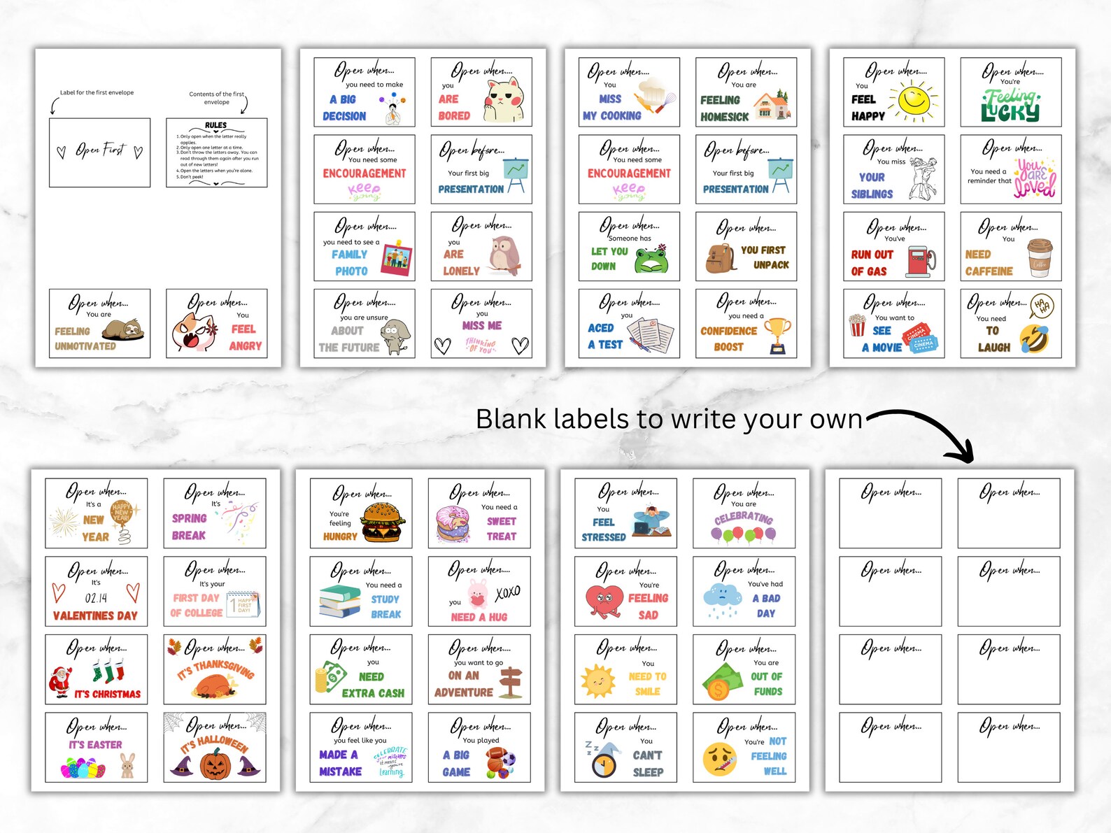 Printable Open When Envelope Labels for College Students, Open When ...