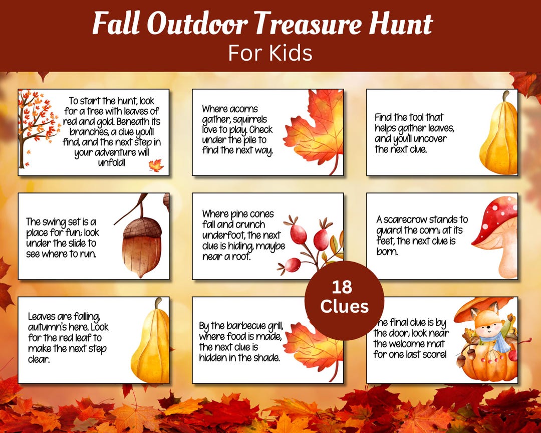 Fall Outdoor Scavenger Hunt for Kids, Autumn Treasure Hunt Cards, 18 ...