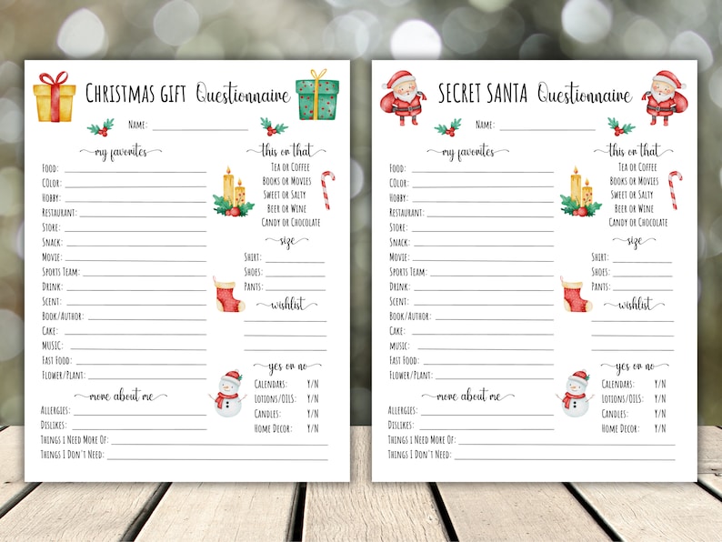 Secret Santa Questionnaire, Printable Secret Santa Gift Exchange ...