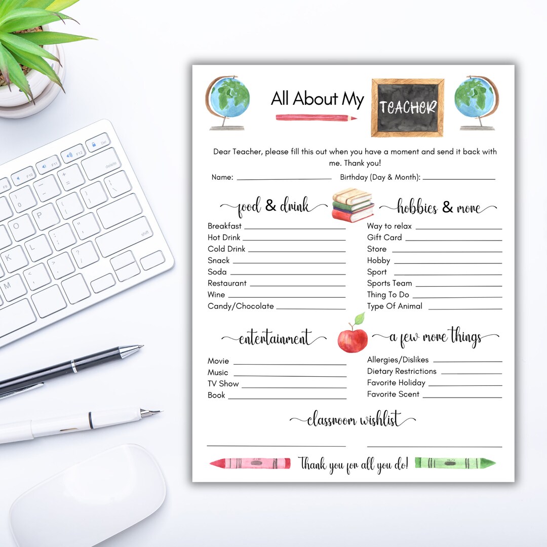 All About My Teacher Printable Questionnaire, Teacher Favorite Things ...