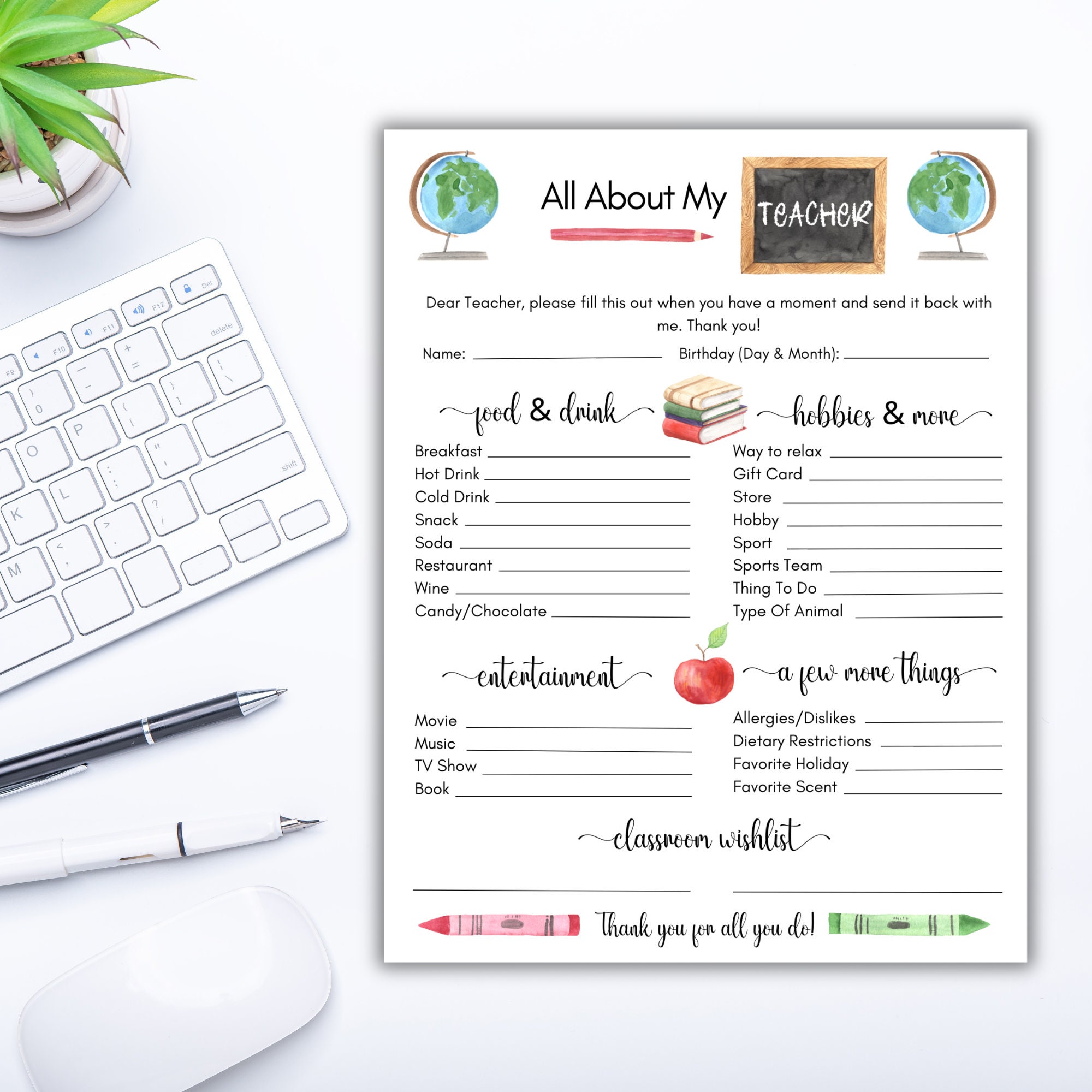 All About My Teacher Printable Questionnaire Teacher Favorite - Etsy