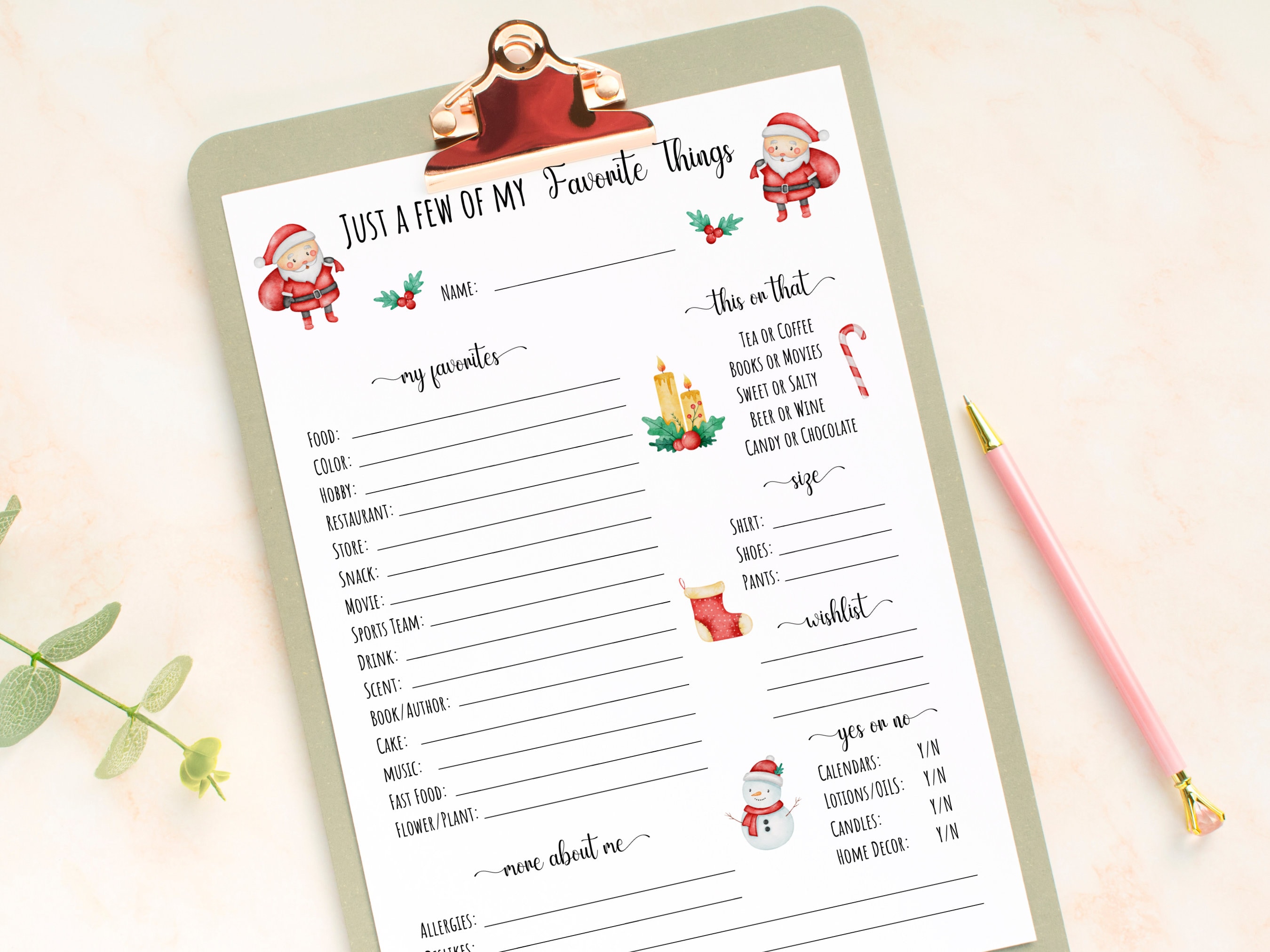 A Few of My Favorite Things Questionnaire, Christmas Edition, Printable ...