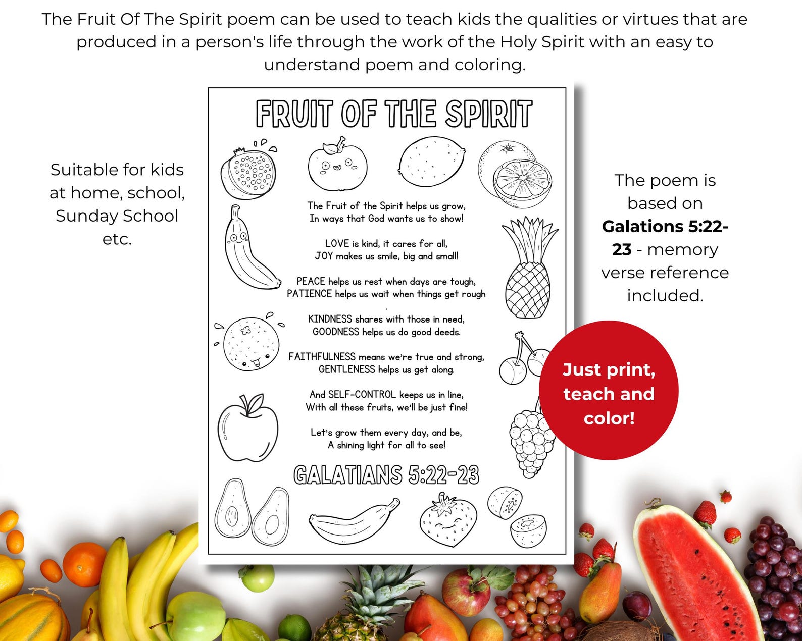 Fruit of the Spirit Coloring Page Printable, Galatians 5 22-23 Bible ...