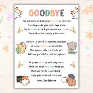 End of School Year Poem Gift From Teacher to Student, Goodbye Letter to ...
