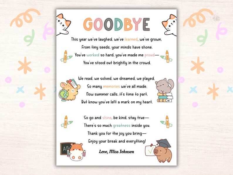 End of School Year Poem Gift From Teacher to Student, Goodbye Letter to ...