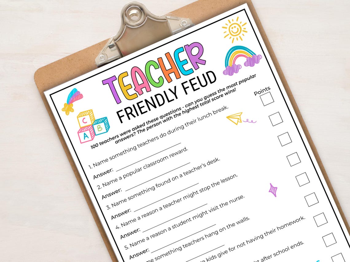 Teacher Friendly Feud Game Printable, Back to School Activity, Teacher ...