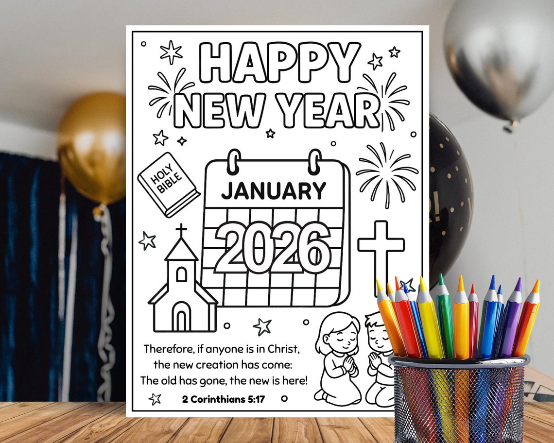 New Year's Bible Coloring Page Printable, 2 Cor 5:17 Memory Verse, NYE ...