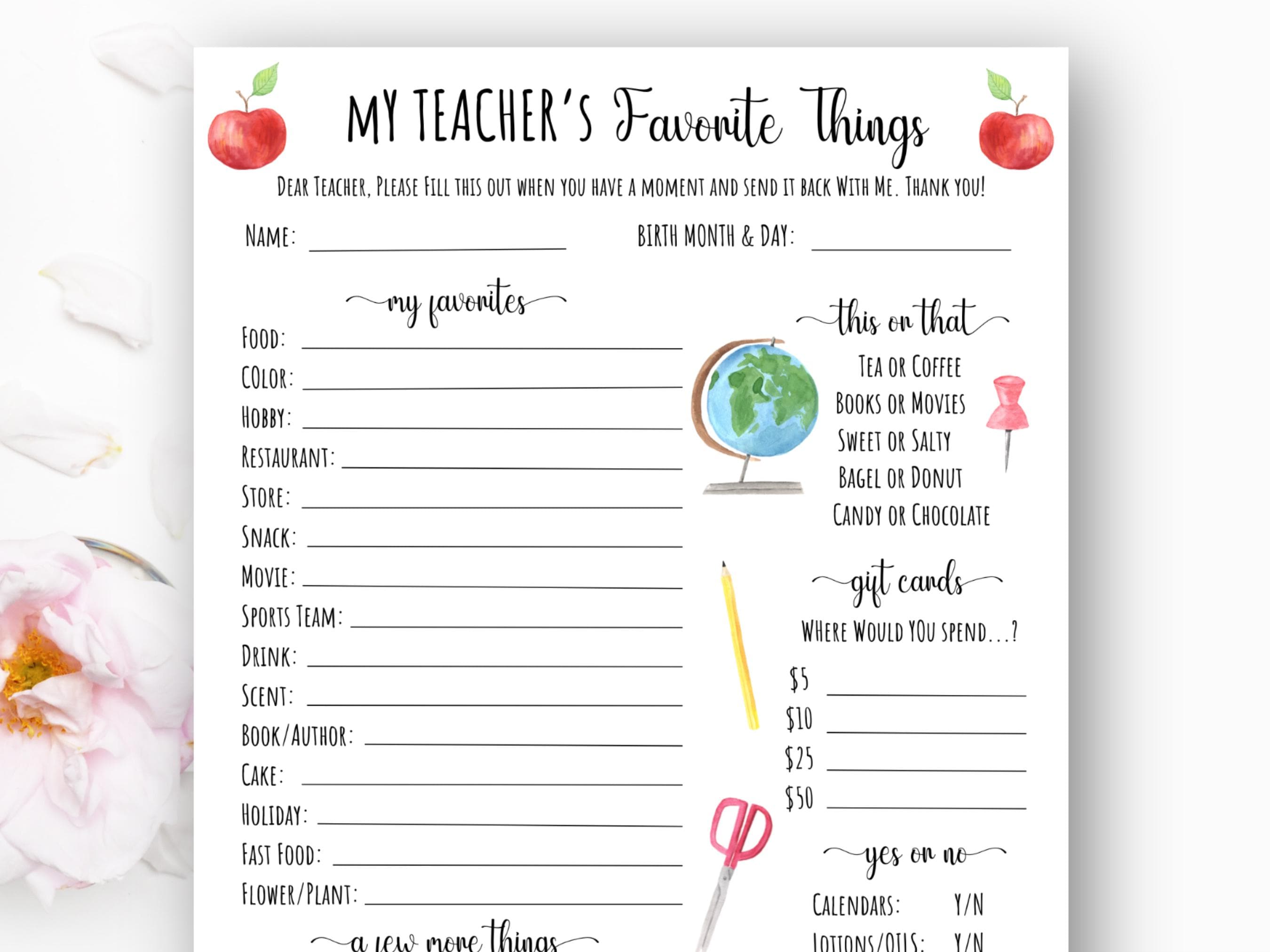 Teacher Favorite Things Questionnaire, Printable Teacher Survey ...
