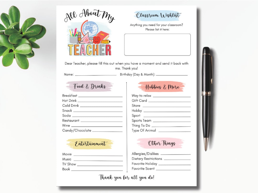 All About My Teacher Printable Questionnaire, All About Me Template ...