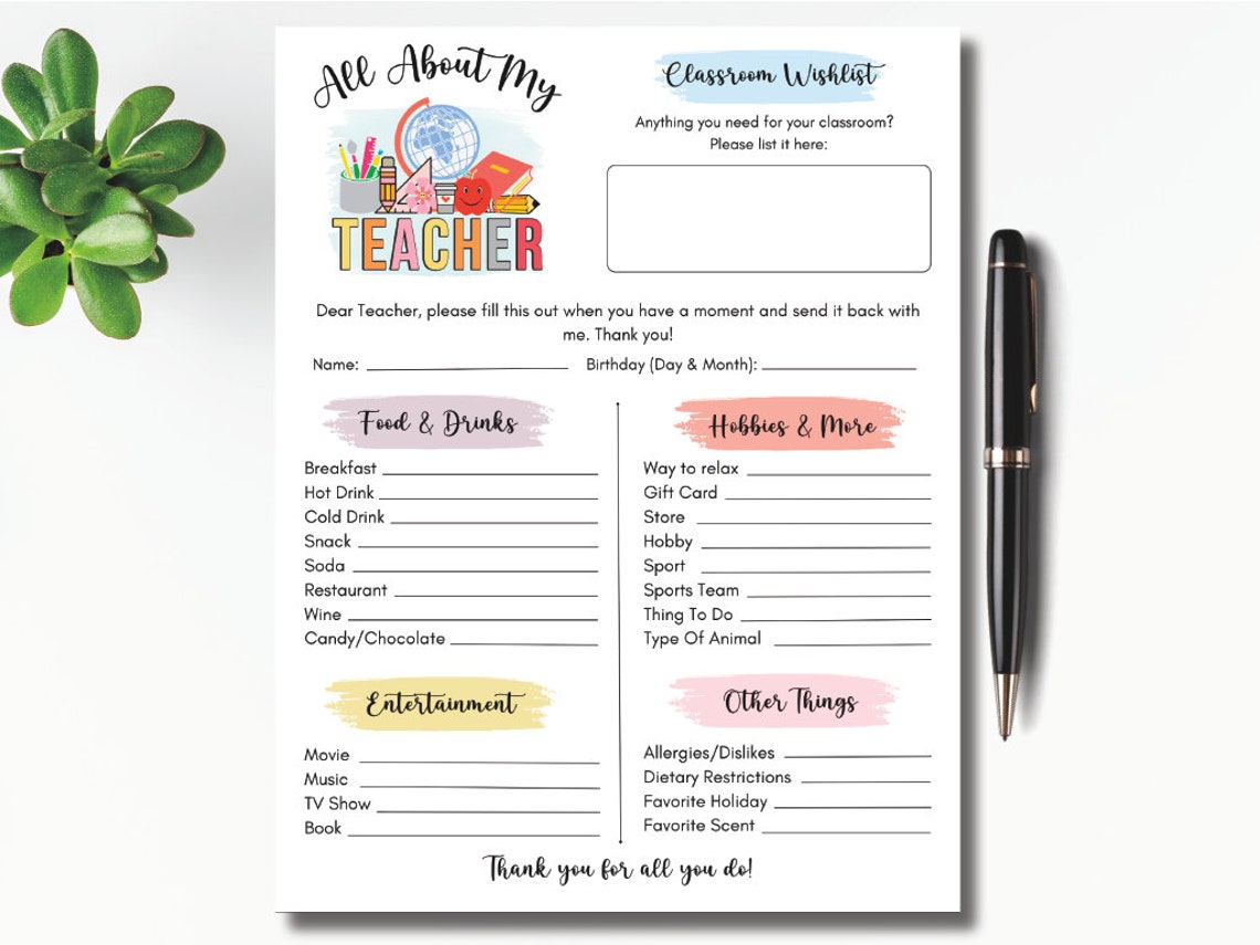 All About My Teacher Printable Questionnaire All About Me - Etsy