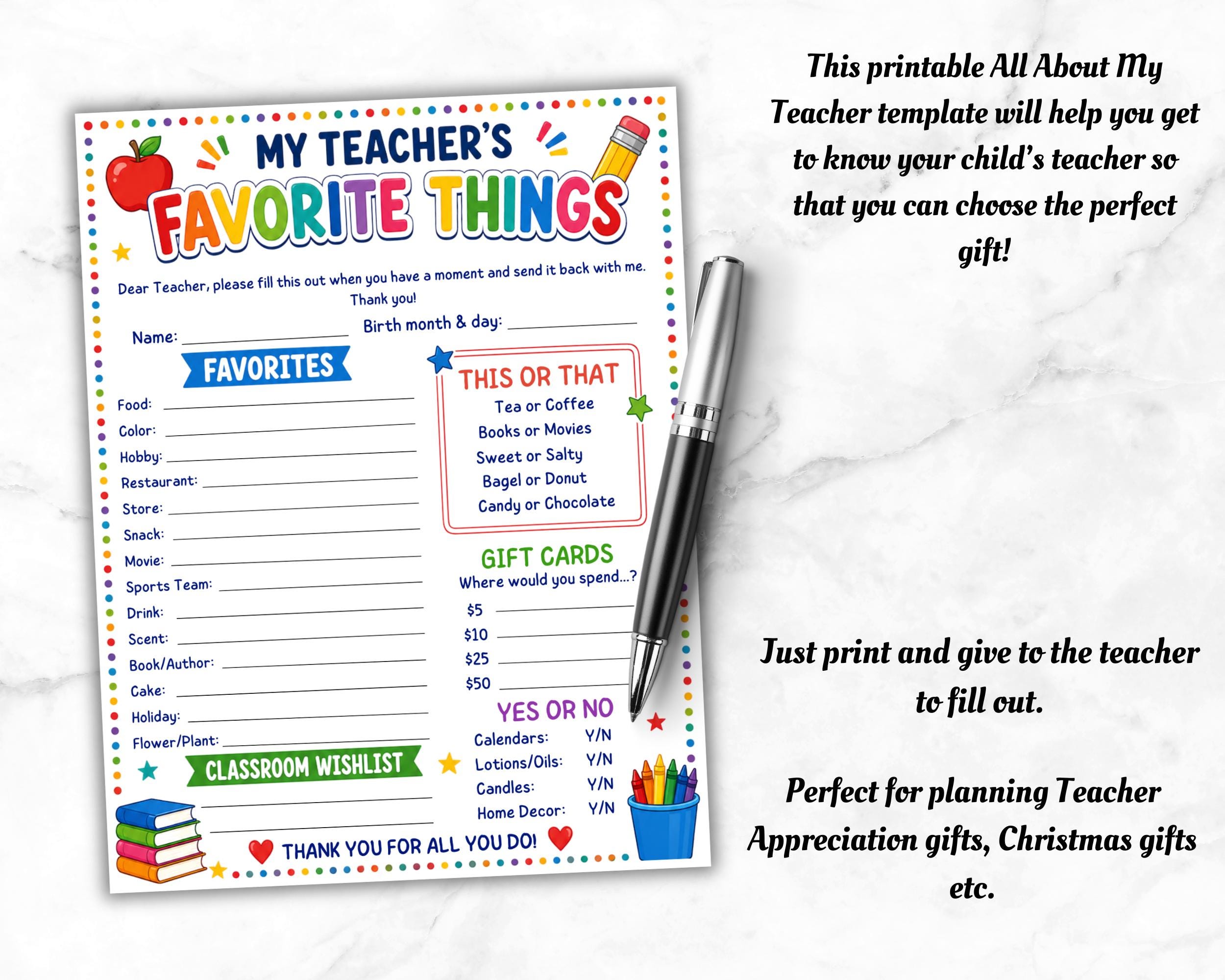 Teacher Favorite Things Questionnaire, Printable Teacher Survey ...