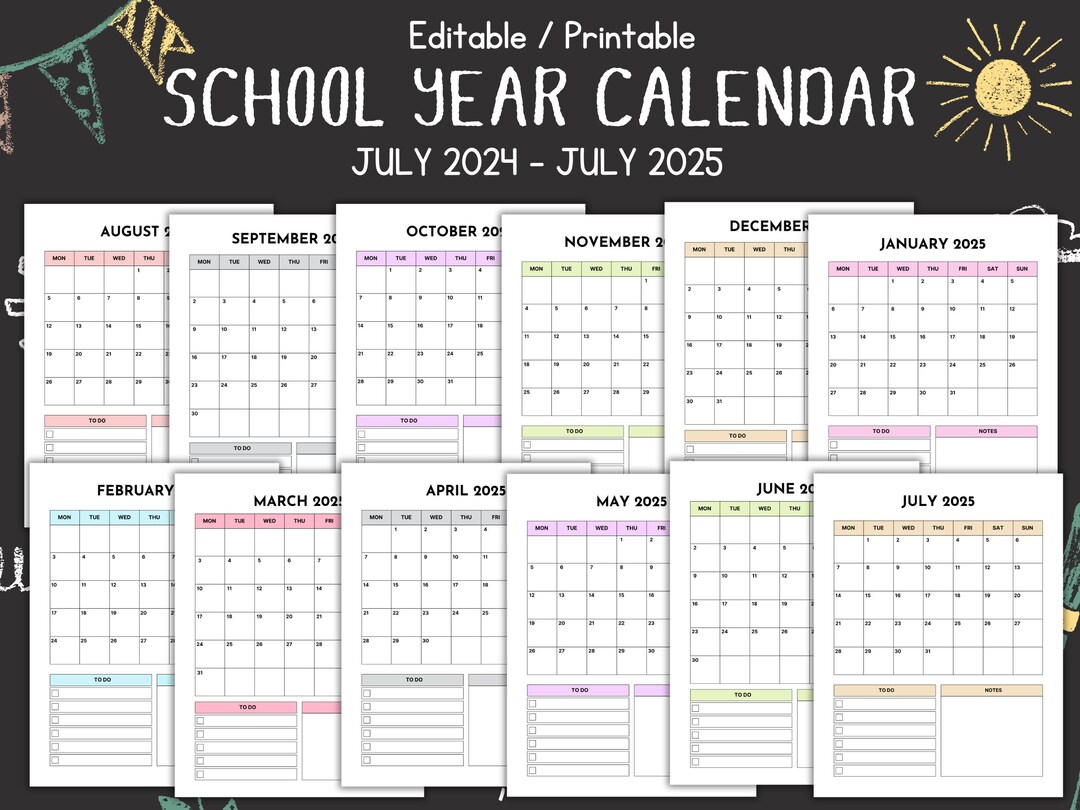Editable School Year Calendar 2024-2025, Printable Kids Calendar, 12 ...