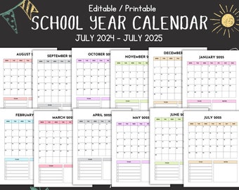 2023-2024 School Year Calendar Printable, Editable Kids Calendar, 12 ...