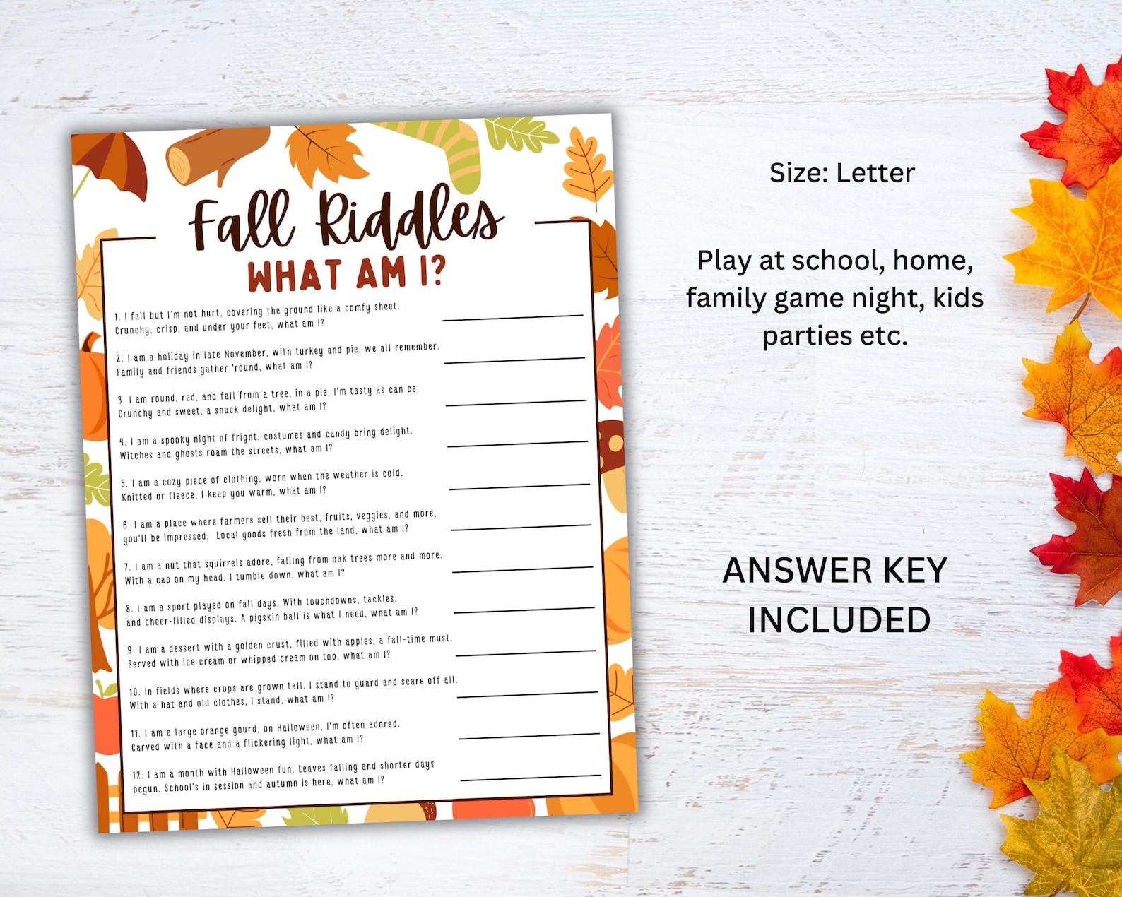 Fall Riddles Game for Kids, What Am I Game, Printable Fall Game, School ...