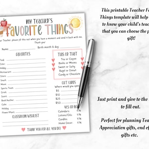 Teacher Favorite Things Questionnaire, Printable Teacher Survey ...