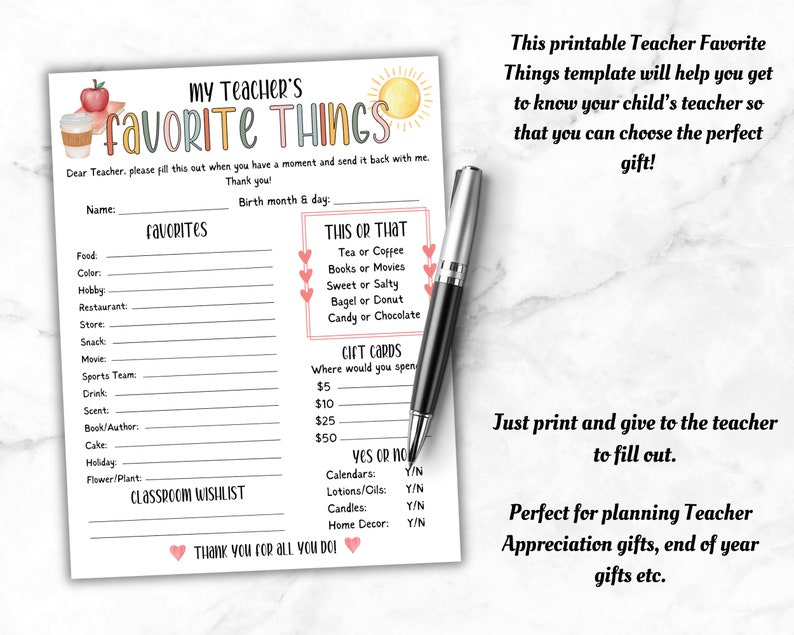 Teacher Favorite Things Questionnaire, Printable Teacher Survey ...