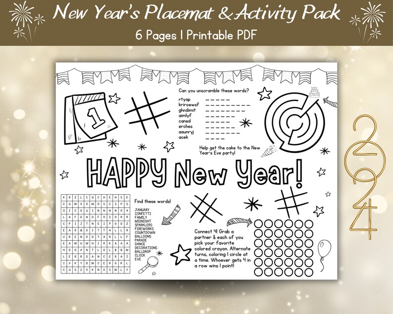 Printable New Years Activity Placemat, New Year's Coloring Pages, Kids ...
