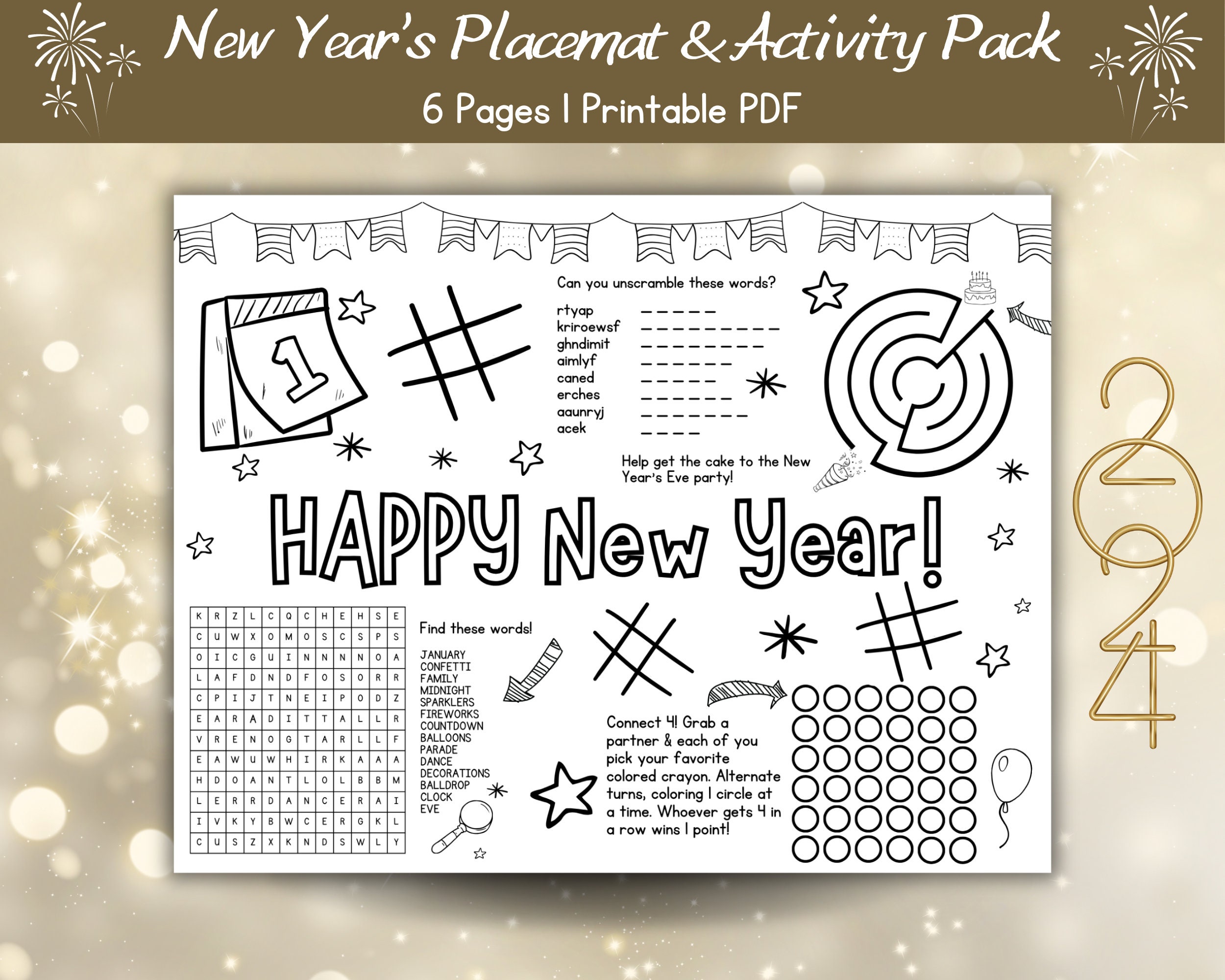 Printable New Years Activity Placemat, New Year's Coloring Pages, Kids ...