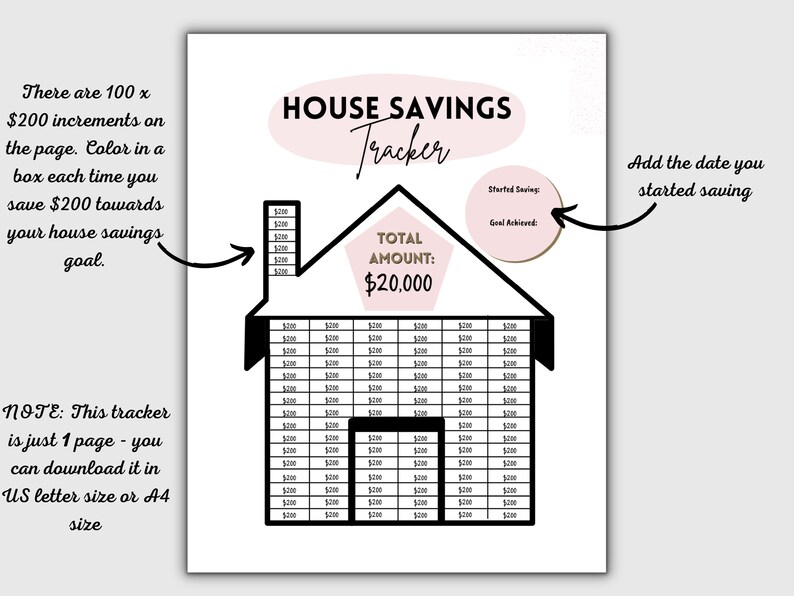 20k House Savings Challenge Printable Save 20000 House Down Payment ...