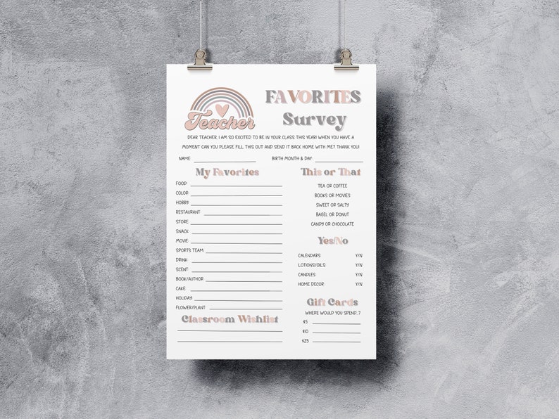 Printable Teacher Favorites Survey, My Favorite Things Teacher ...