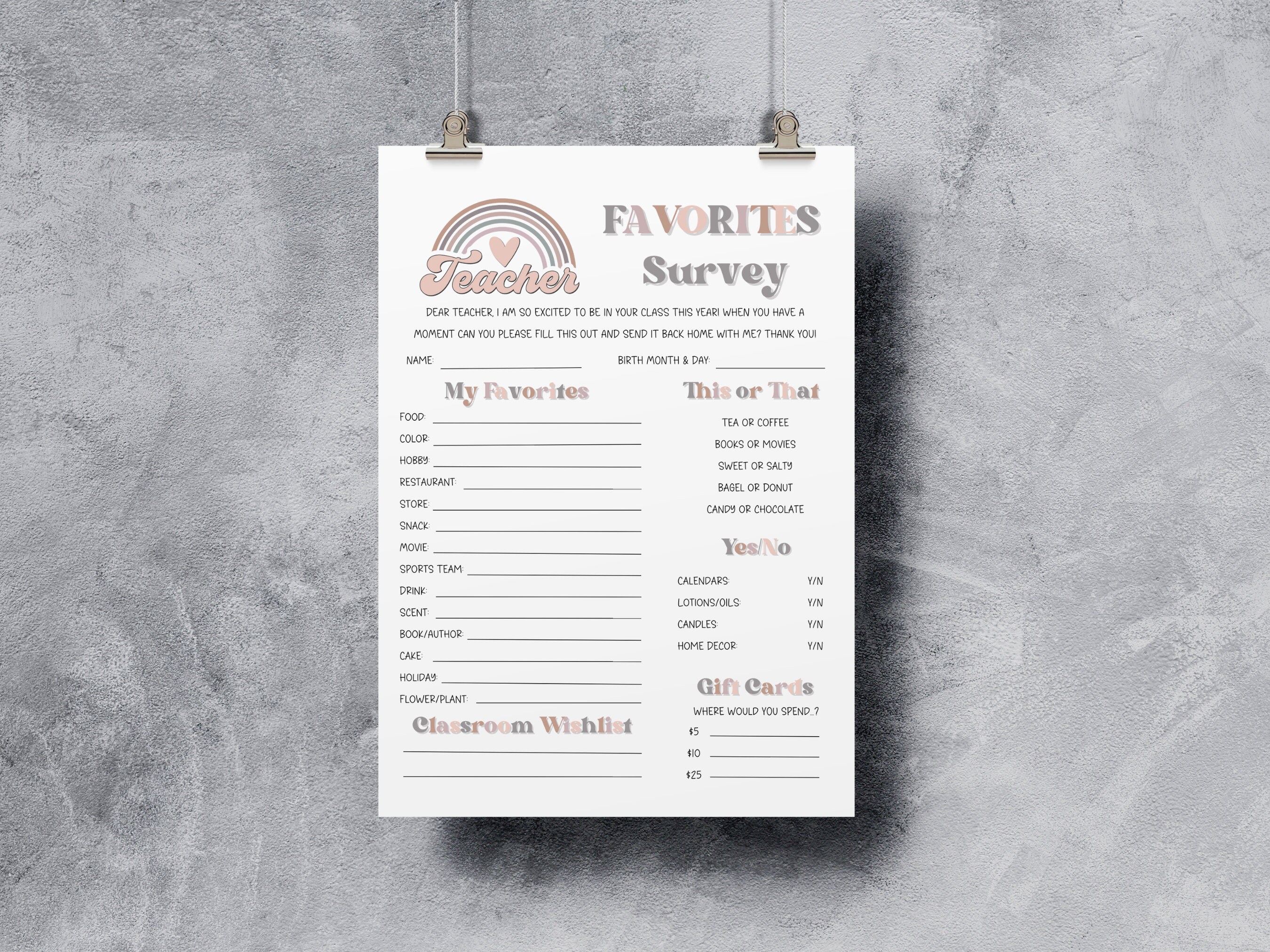 Printable Teacher Favorites Survey, My Favorite Things Teacher ...