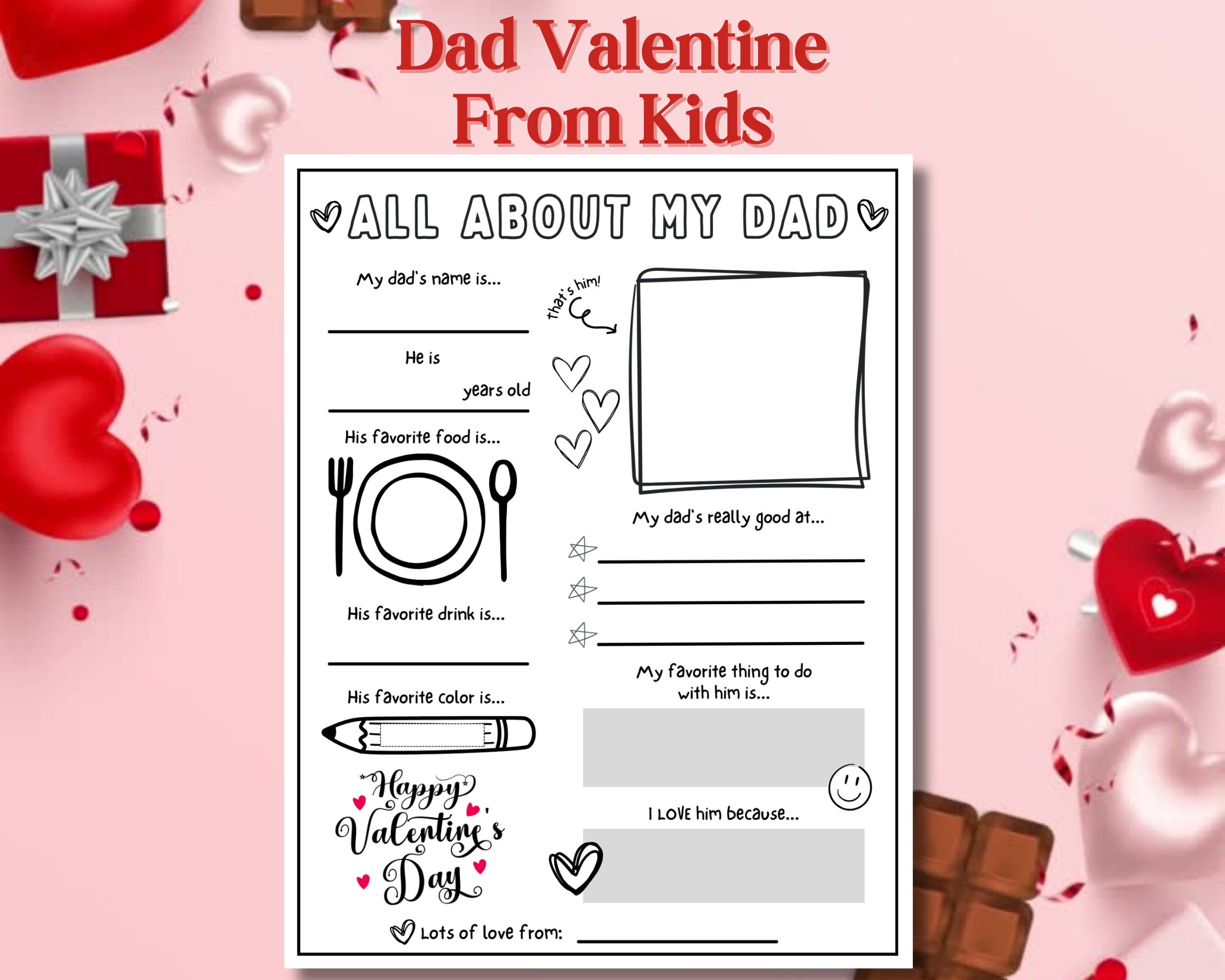 Dad Valentine From Kids, Printable, All About My Dad, Valentine's Day ...
