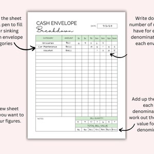 Cash Envelope Breakdown Printable, Cash Tracker Template, Cash ...