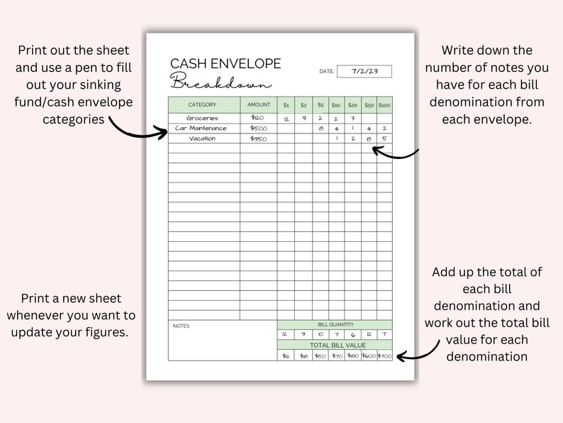 Cash Envelope Breakdown Printable Cash Tracker Template Cash - Etsy