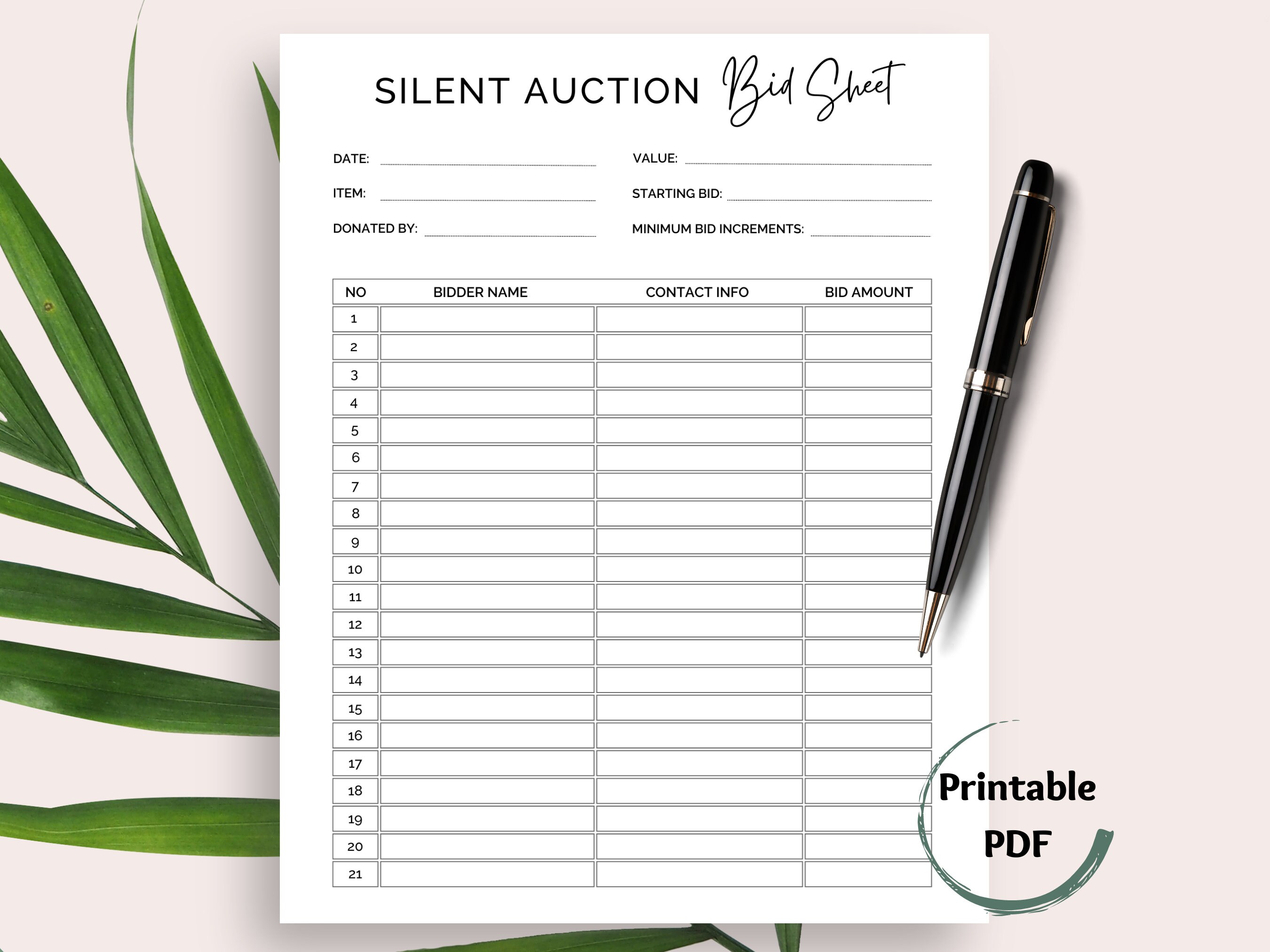 Silent Auction Bid Sheet Printable, Bidding Sheet for Fundraiser Events ...