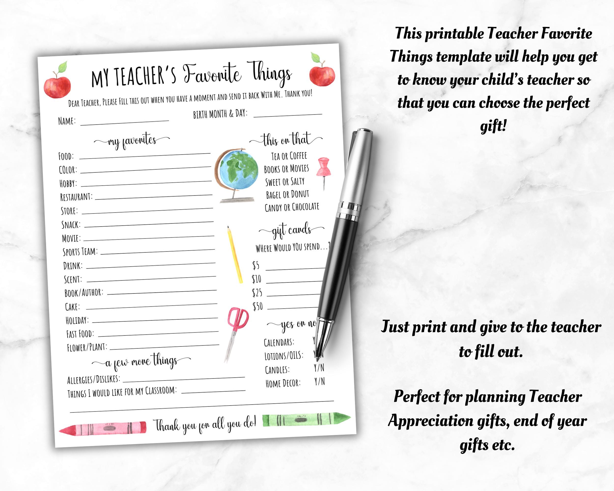 Teacher Favorite Things Questionnaire, Printable Teacher Survey ...