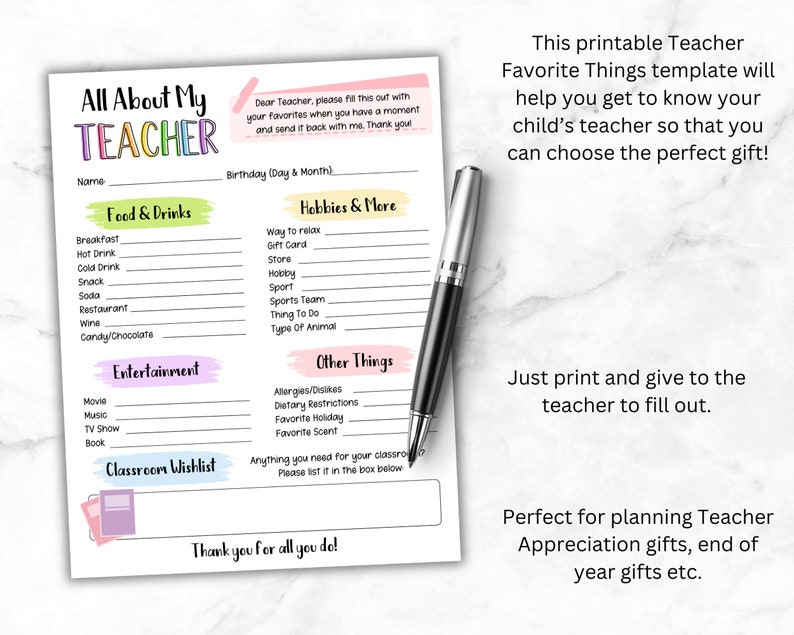 Teacher Favorite Things Printable, Teacher Questionnaire Survey ...