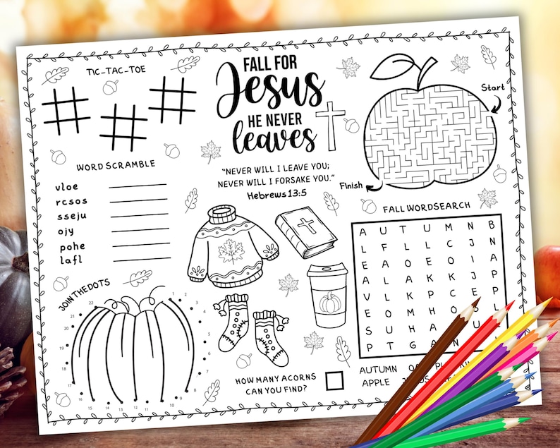 Fall for Jesus He Never Leaves Activity Placemat Printable, Christian ...