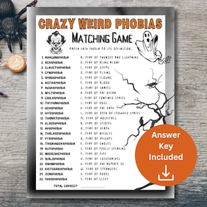 Name the Phobia Trivia Matching Game, Printable Halloween Game, Quiz ...
