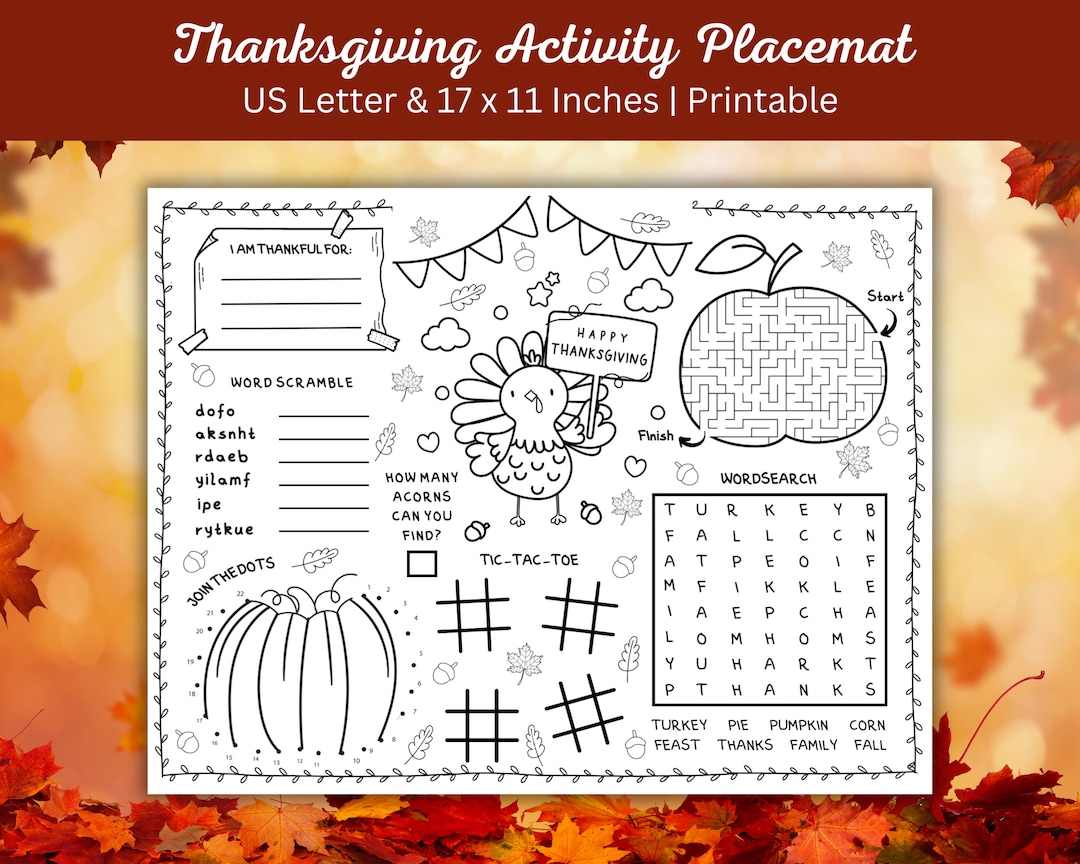 Printable Thanksgiving Activity Placemat, Coloring Page, Thankful ...