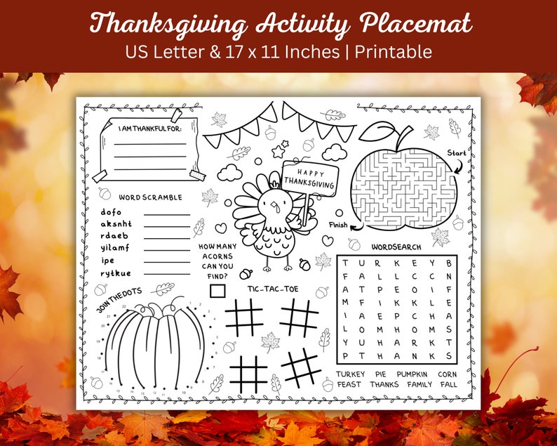 Printable Thanksgiving Activity Placemat, Coloring Page, Thankful ...