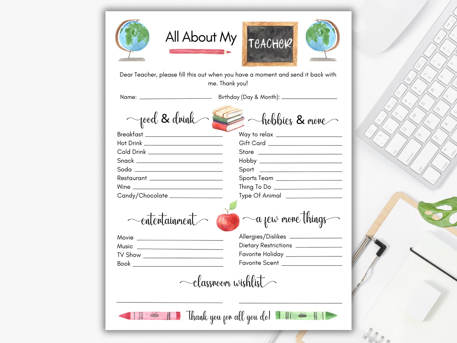 All About My Teacher Printable Questionnaire, Teacher Favorite Things ...